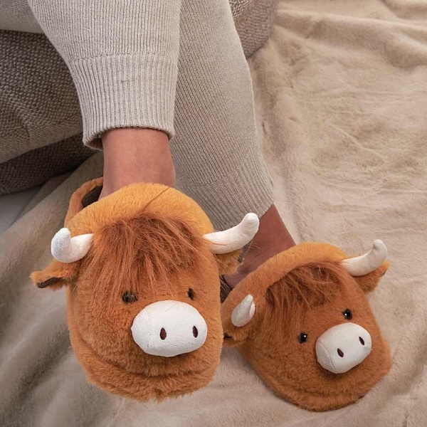 Aroma Home Harris Highland Cow Slippers | plushpaws.co.uk
