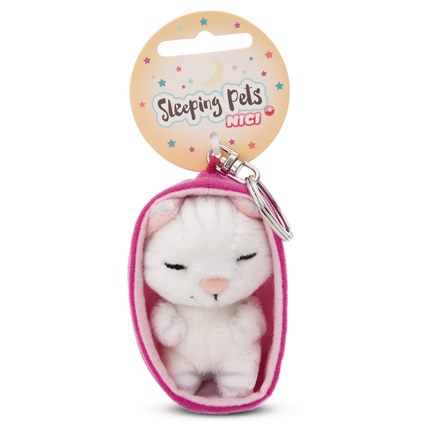 NICI Sleeping Pets White Striped Cat Keyring | plushpaws.co.uk