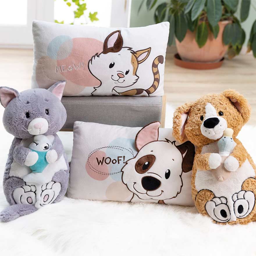 NICI Homies Grey Cat with Fish Cushion | plushpaws.co.uk